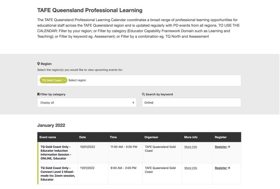 Events Calendar - TAFE Queensland - Portfolio | Swift Digital